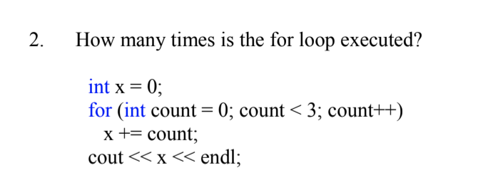 Solved 2. How many times is the for loop executed? int x = | Chegg.com