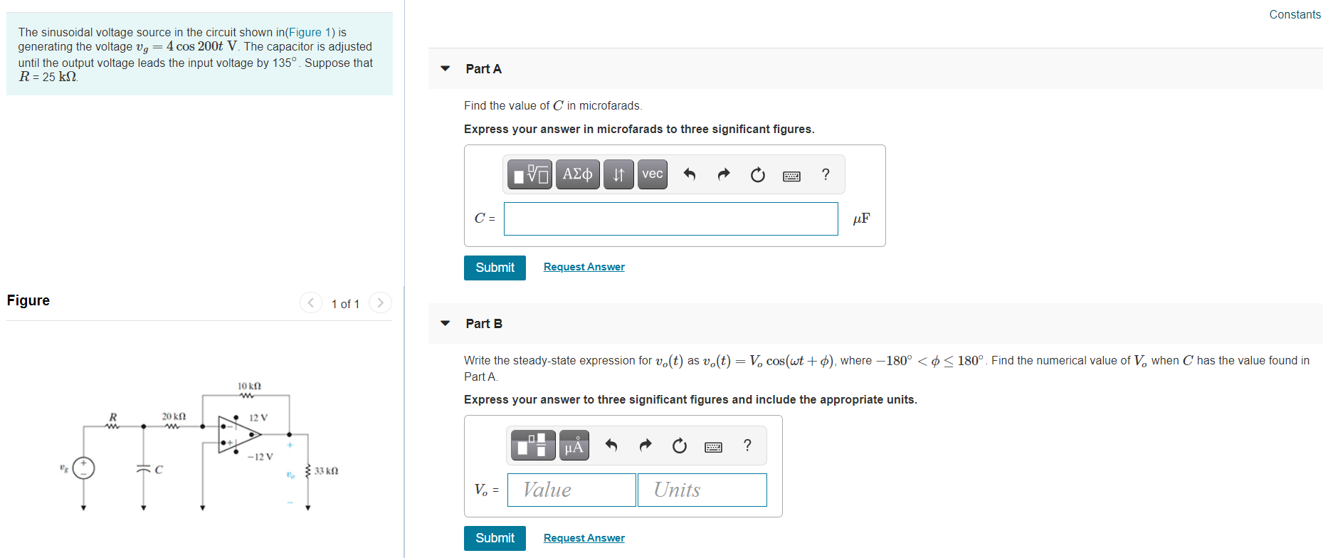 Solved Constants The sinusoidal voltage source in the | Chegg.com