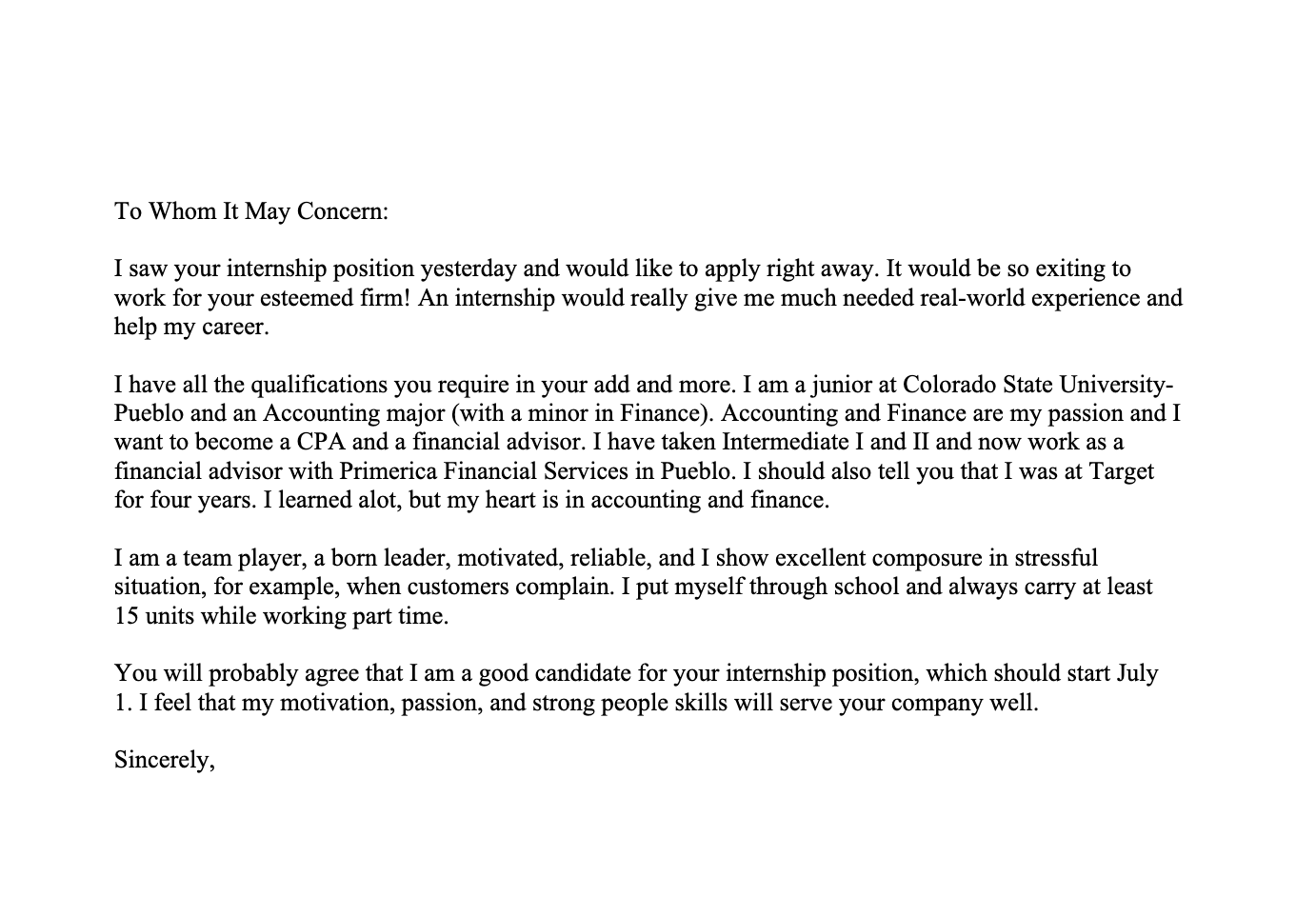 Solved rewrite this cover letter, be sure | Chegg.com