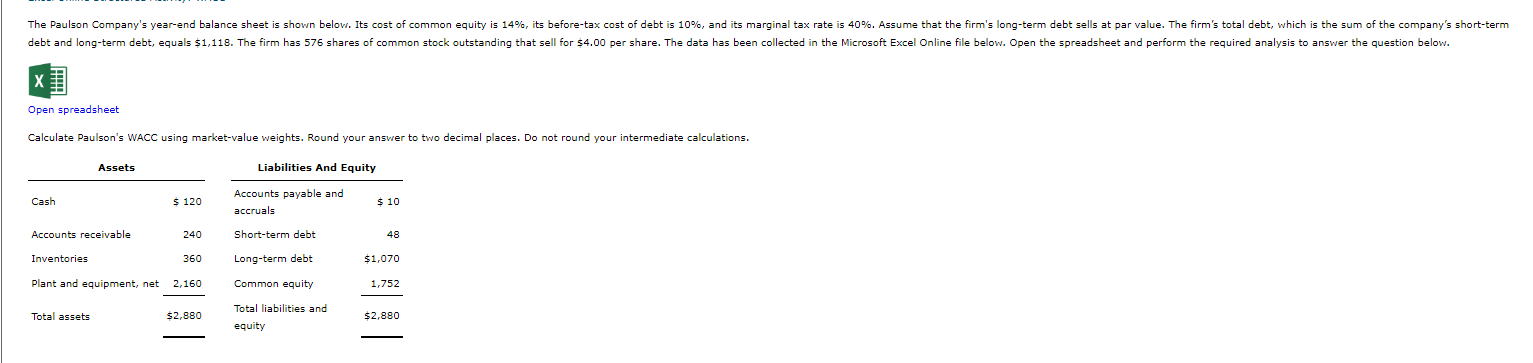 Solved Open spreadsheet | Chegg.com