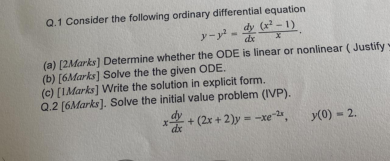Solved Q.1 Consider the following ordinary differential | Chegg.com