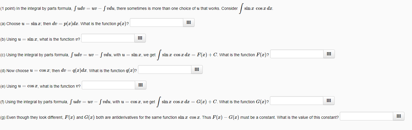 Solved (1 point) In the integral by parts formula, ſ udv = | Chegg.com