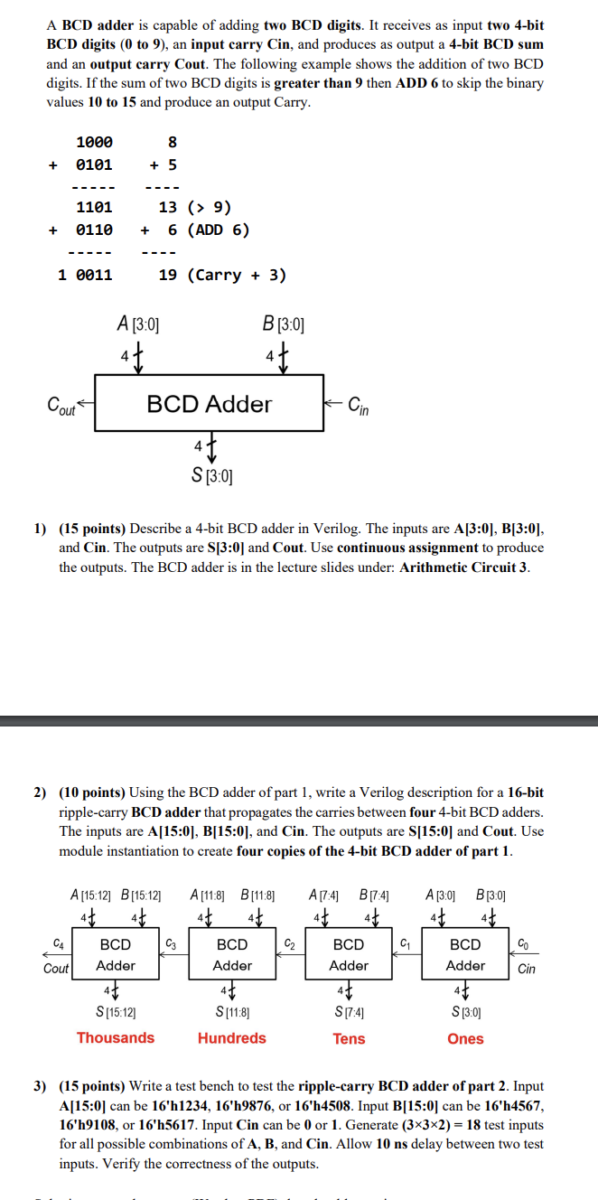 Solved A BCD adder is capable of adding two BCD digits. It | Chegg.com