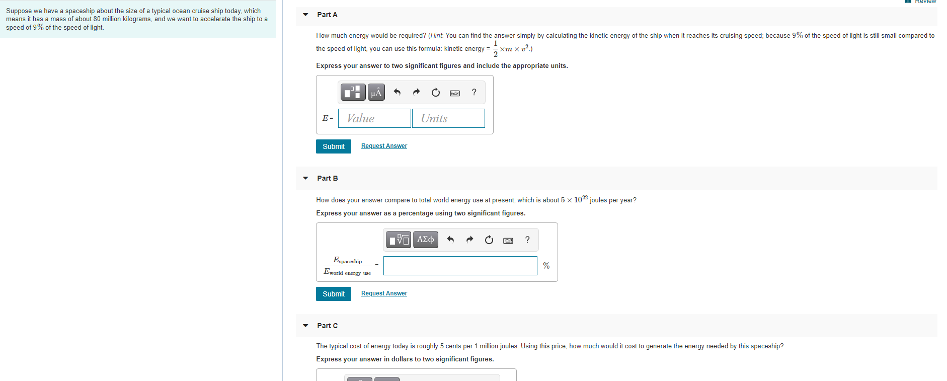 Solved Part A Suppose we have a spaceship about the size of | Chegg.com