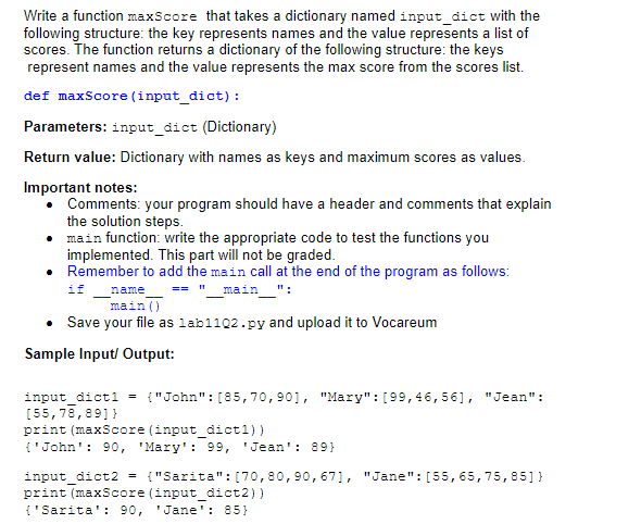 Solved Write a function maxscore that takes a dictionary | Chegg.com