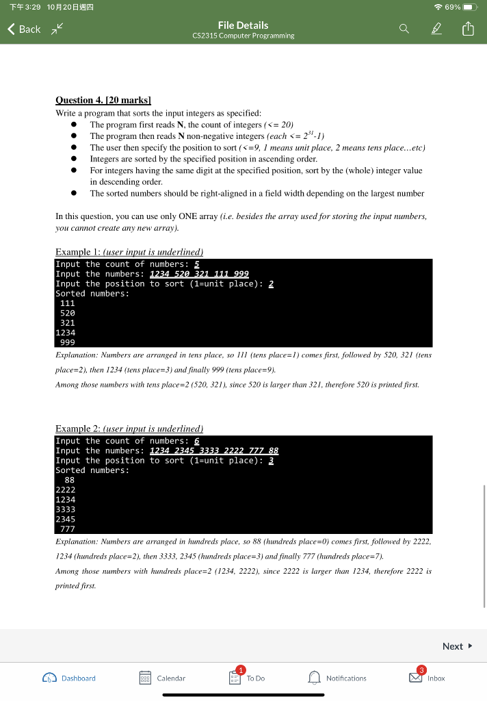 Solved Question 4. [20 marks] Write a program that sorts the | Chegg.com