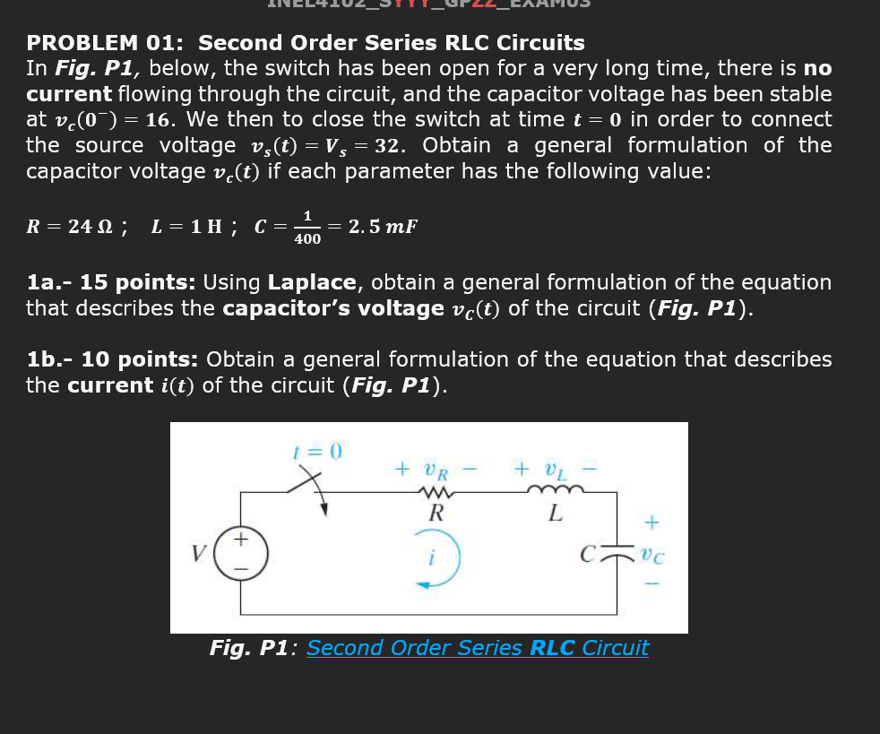 [Solved]: PROBLEM 01: Second Order Series RLC Circuits In Fi