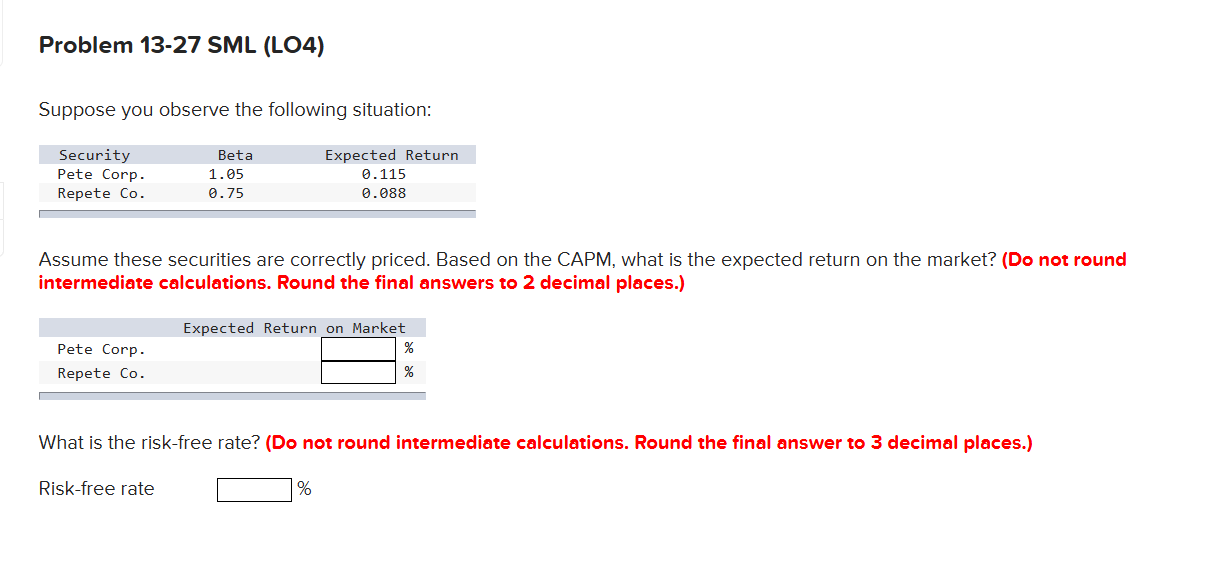 Solved Problem 13-27 ﻿SML (LO4)Suppose you observe the | Chegg.com
