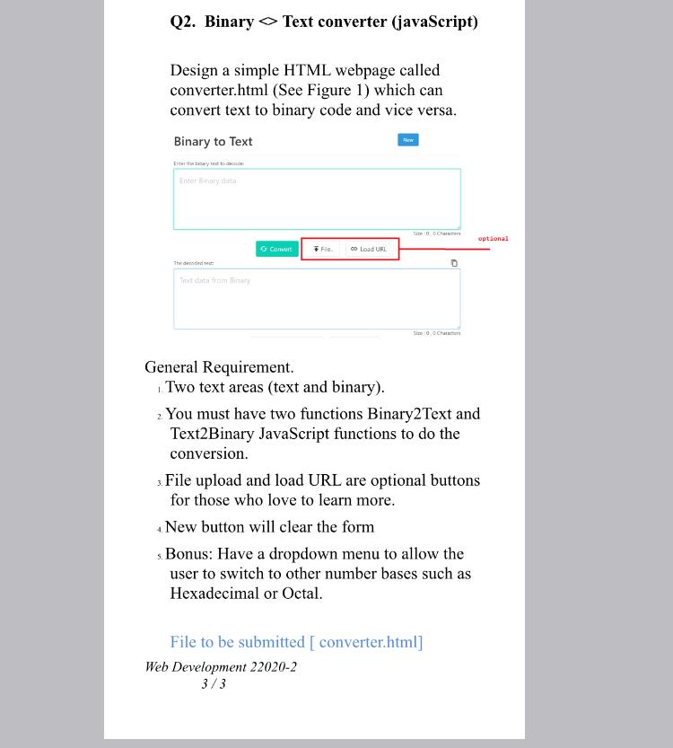Solved Q2 Binary Text Converter Javascript Design A 6875