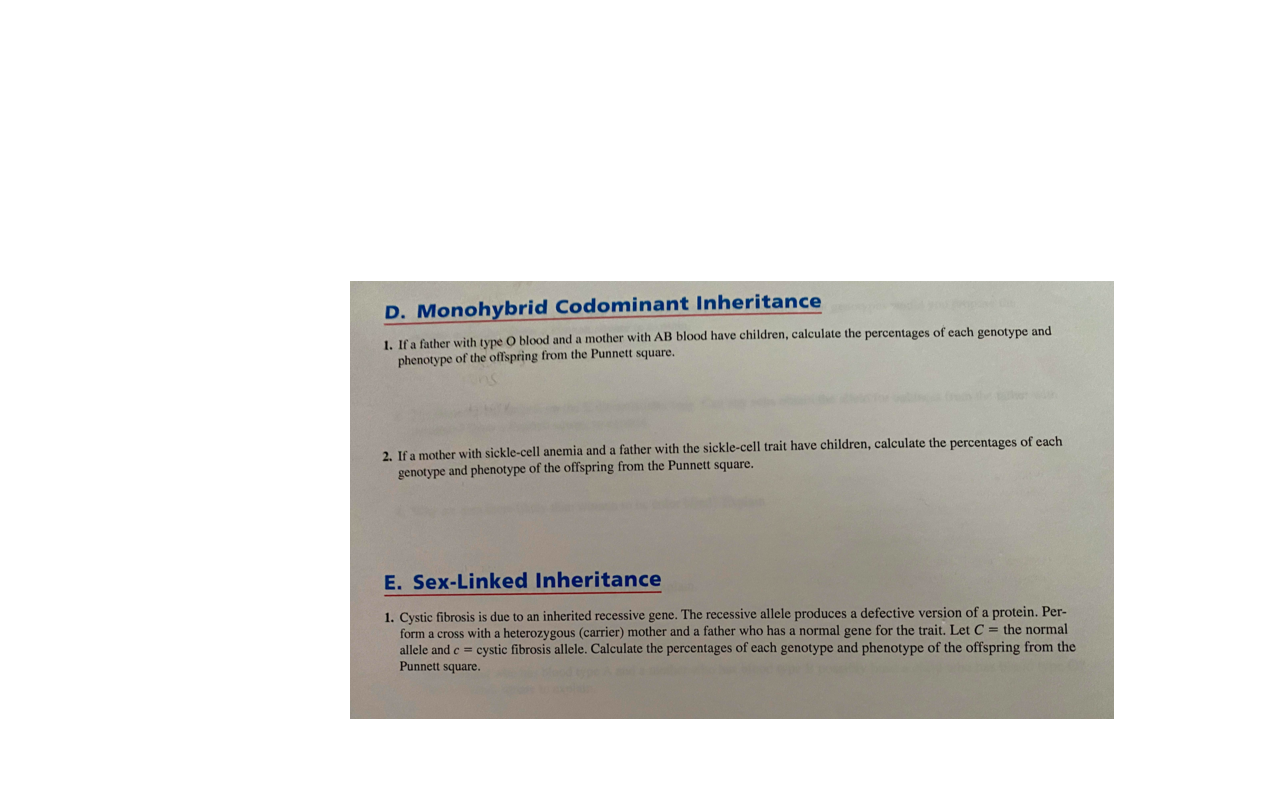 Solved D. Monohybrid Codominant Inheritance 1. If a father | Chegg.com