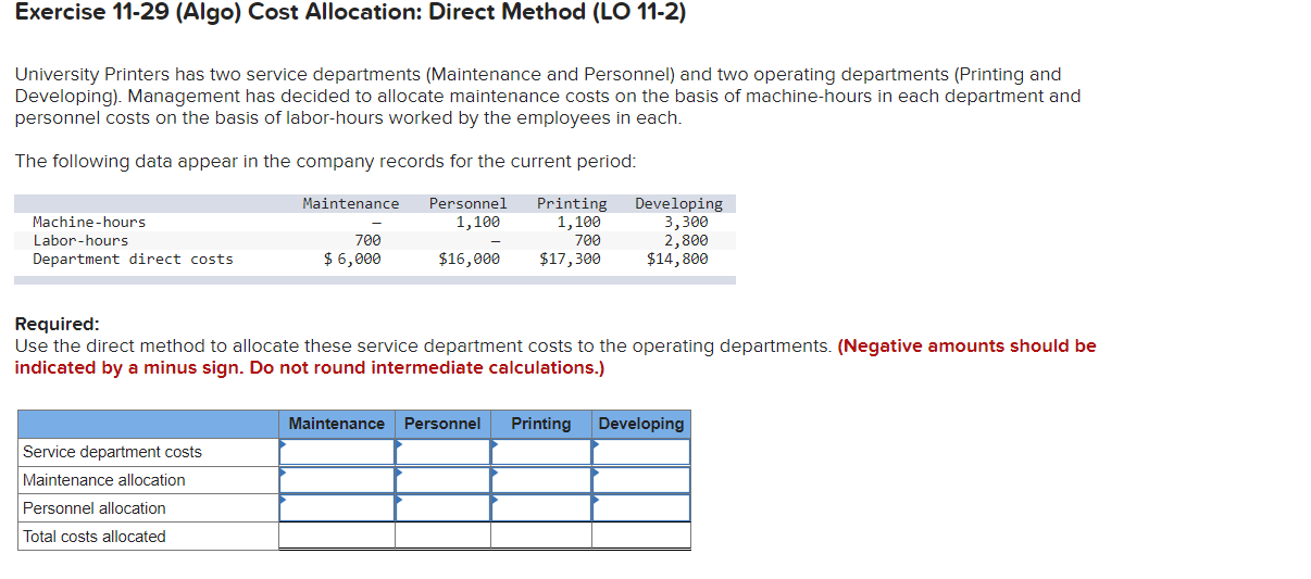 Solved Exercise 11-29 (Algo) Cost Allocation: Direct Method | Chegg.com