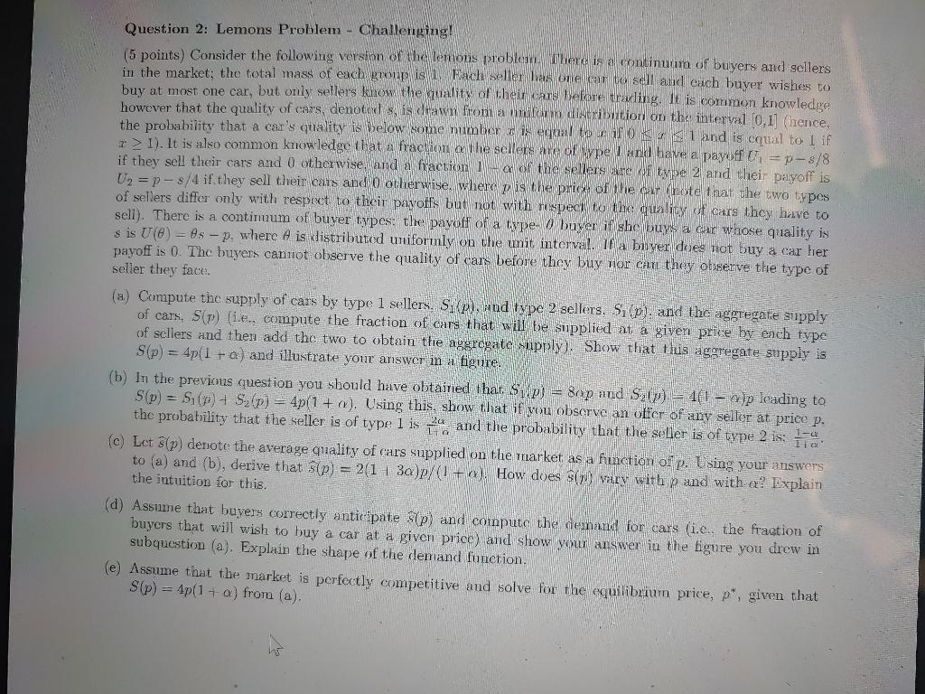 Question 2: Lemons Problem - Challenging! (5 points) | Chegg.com