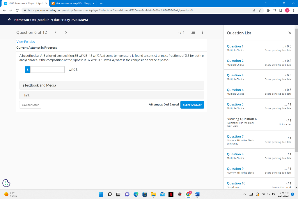 Solved A hypothetical A-B alloy of composition 55w+% B- 45 | Chegg.com