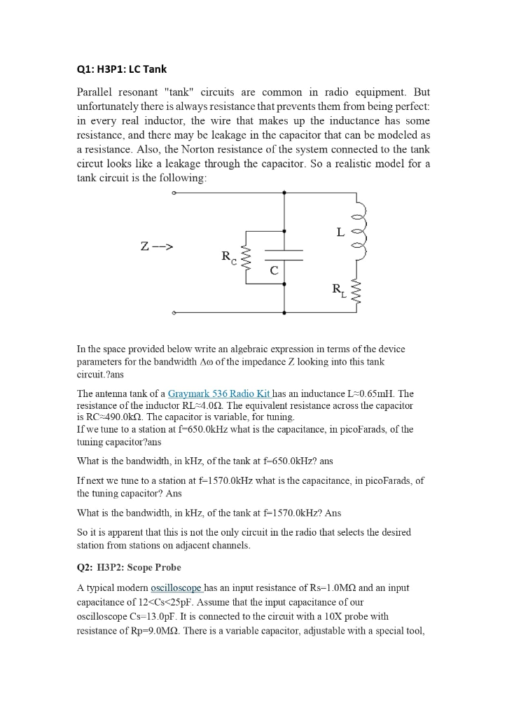 Q1: H3P1: LC Tank Parallel resonant "tank" circuits | Chegg.com
