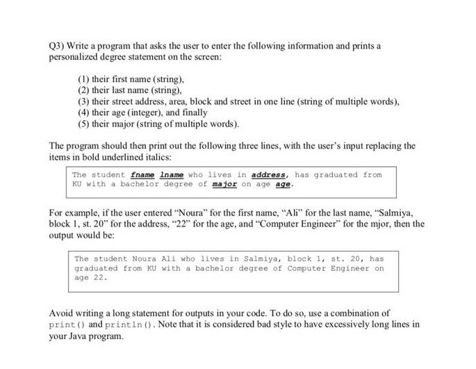 Solved write a JAVA program with their output as shown below | Chegg.com
