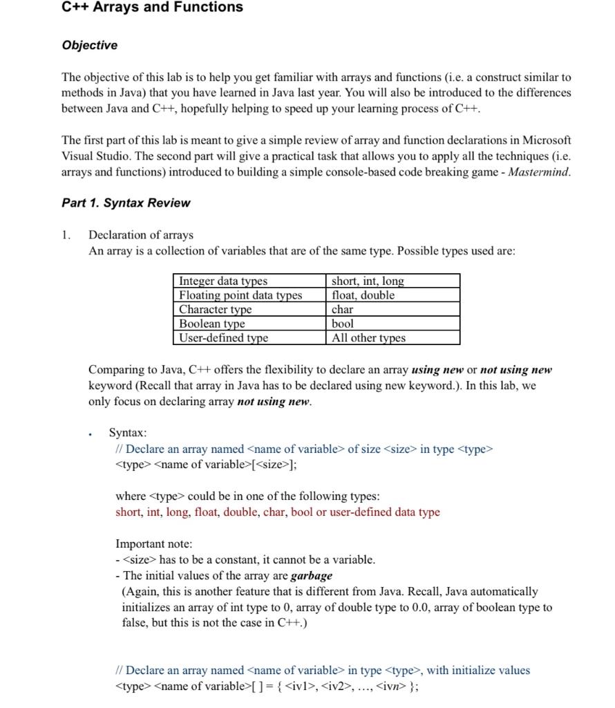 Solved C++ Arrays and Functions Objective The objective of | Chegg.com