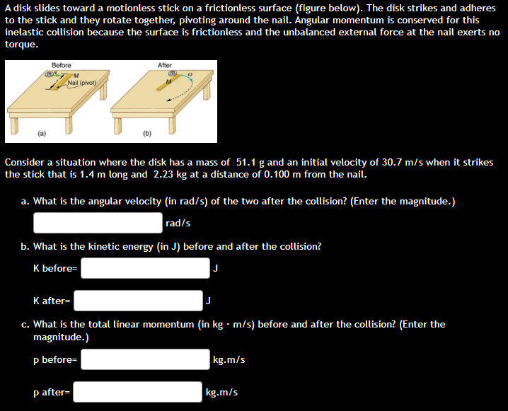 Solved A disk slides toward a motionless stick on a | Chegg.com