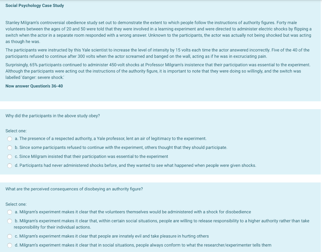Solved Social Psychology Case Study Stanley Milgram's | Chegg.com