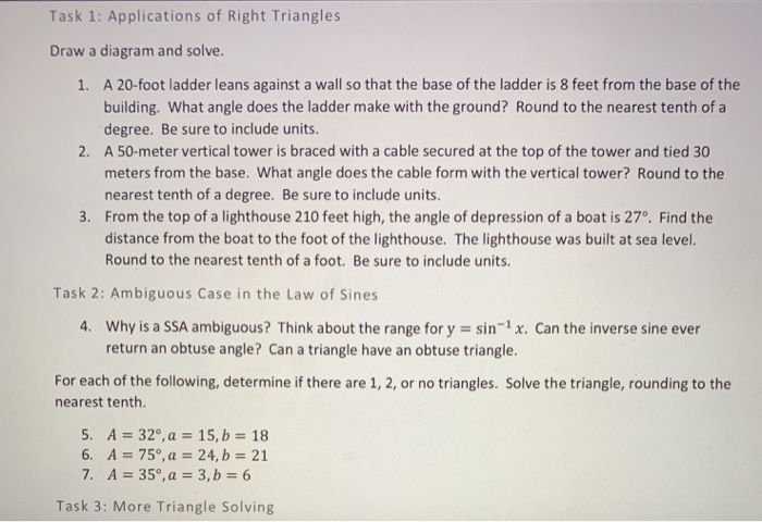 Solved Task 1: Applications of Right Triangles Draw a | Chegg.com