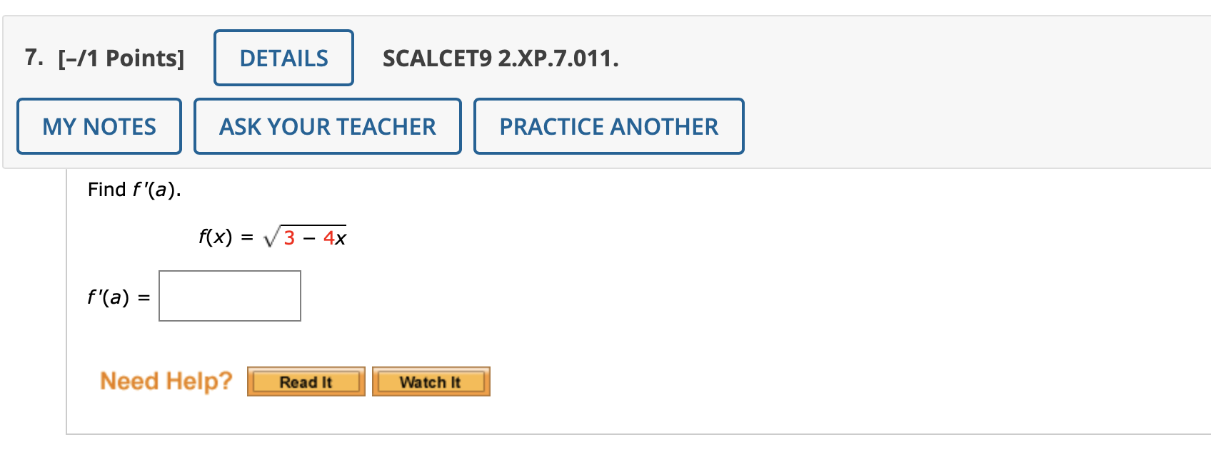 Solved 11 Points] SCALCET9 2.XP.7.011. Find f′(a). f(x)=3−4x | Chegg.com