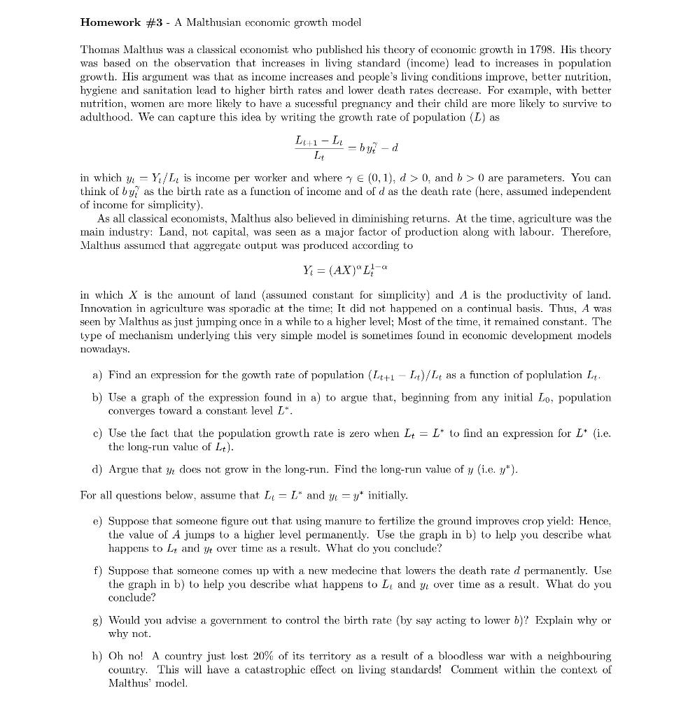 Homework #3 - A Malthusian economic growth model | Chegg.com