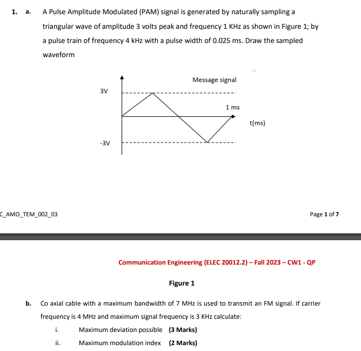 Solved a. A Pulse Amplitude Modulated (PAM) signal is | Chegg.com
