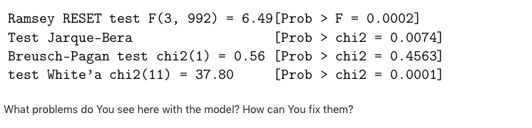 Solved = Ramsey RESET test F(3, 992) 6.49 [Prob > F = | Chegg.com