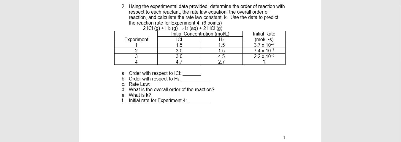 Solved 2. Using the experimental data provided, determine | Chegg.com