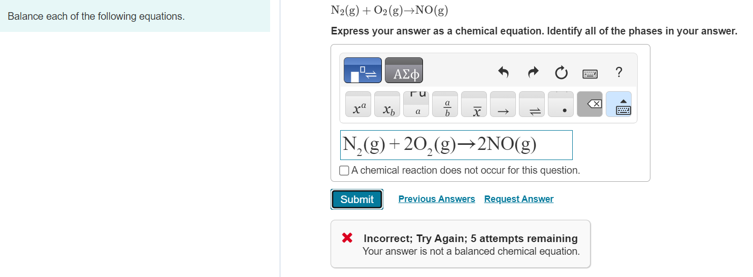 Solved Balance each of the following equations. N2( g)+O2( | Chegg.com