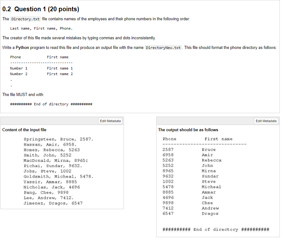 Solved 0.2 Question 1 (20 points) The Directory.txt file | Chegg.com