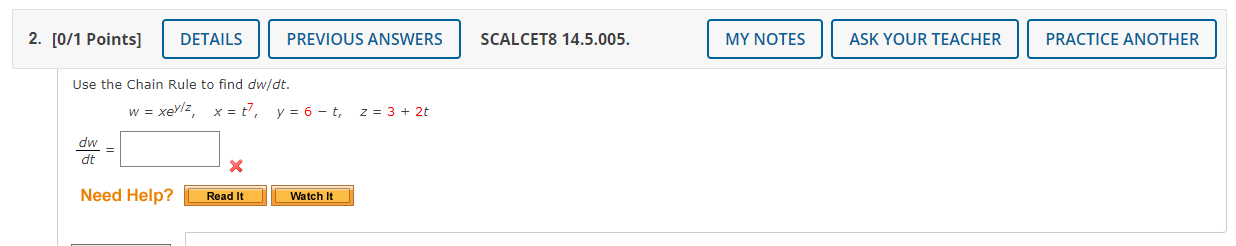 Solved 1 Points] SCALCET8 14.5.005. Use the Chain Rule to | Chegg.com