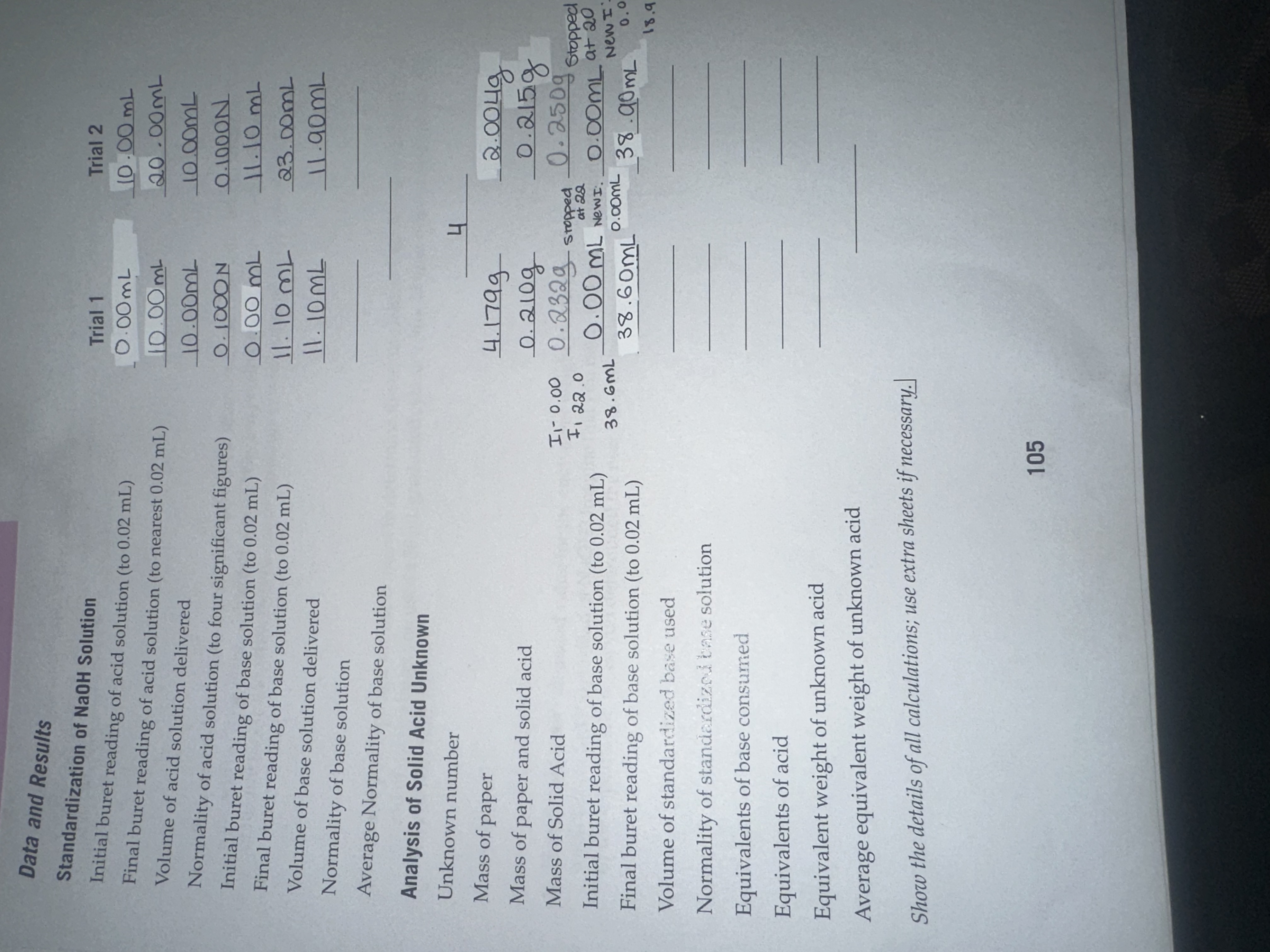 Solved Data and Results Standardization of NaOH Solution | Chegg.com