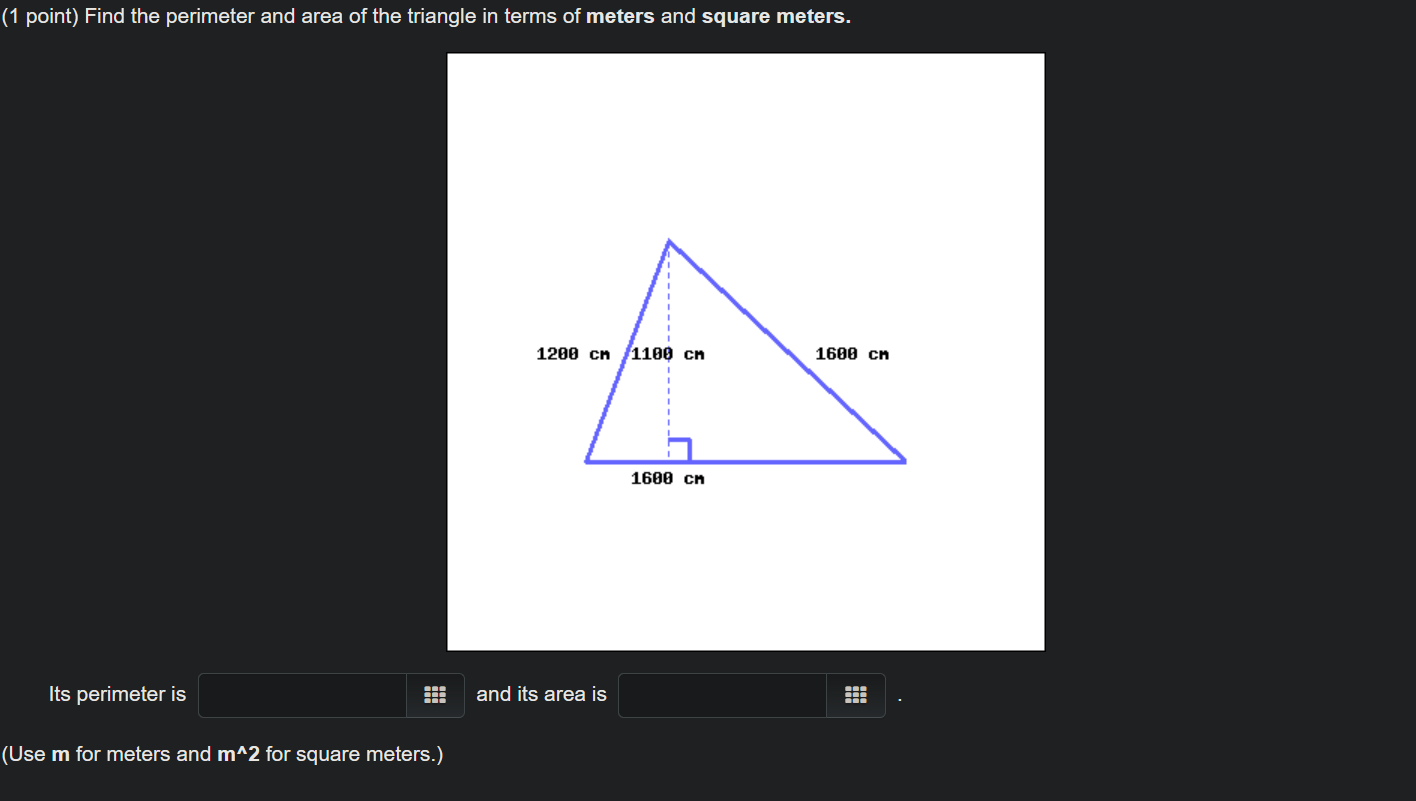Solved (1 point) Find the perimeter and area of the triangle | Chegg.com