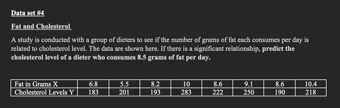 Solved Data set \#4 Fat and Cholesterol A study is conducted | Chegg.com