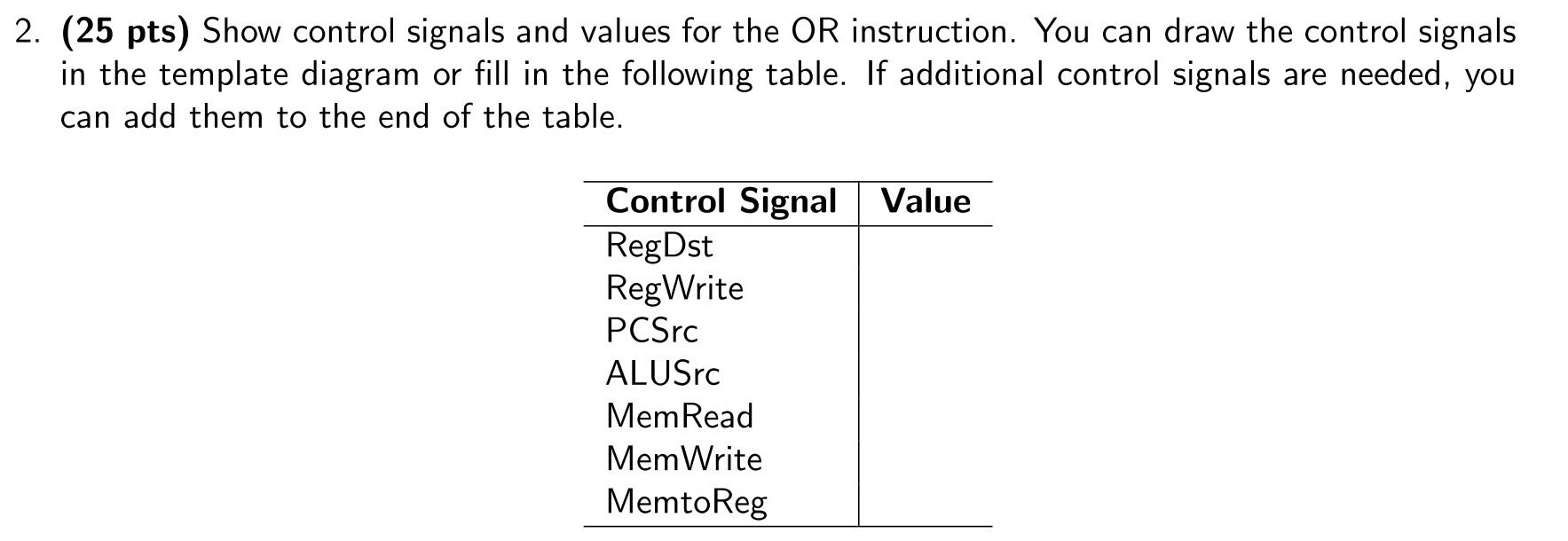 Solved 2. (25 pts) Show control signals and values for the | Chegg.com