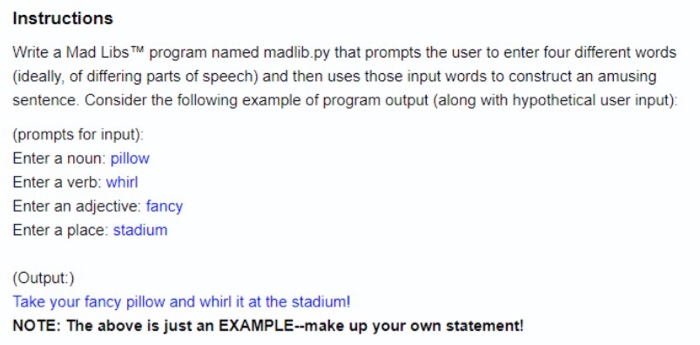 Solved Instructions Write a Mad LibsTM program named | Chegg.com