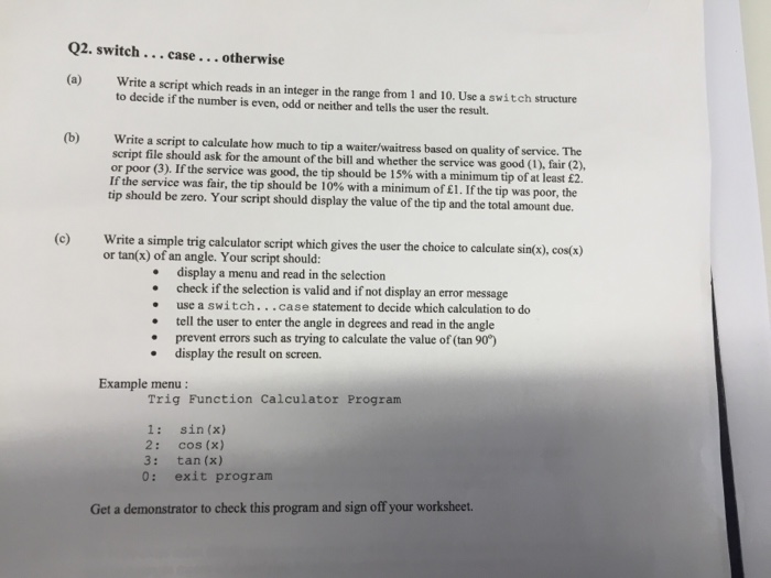 Solved Q2. switch...case...otherwise (a) Write a script | Chegg.com