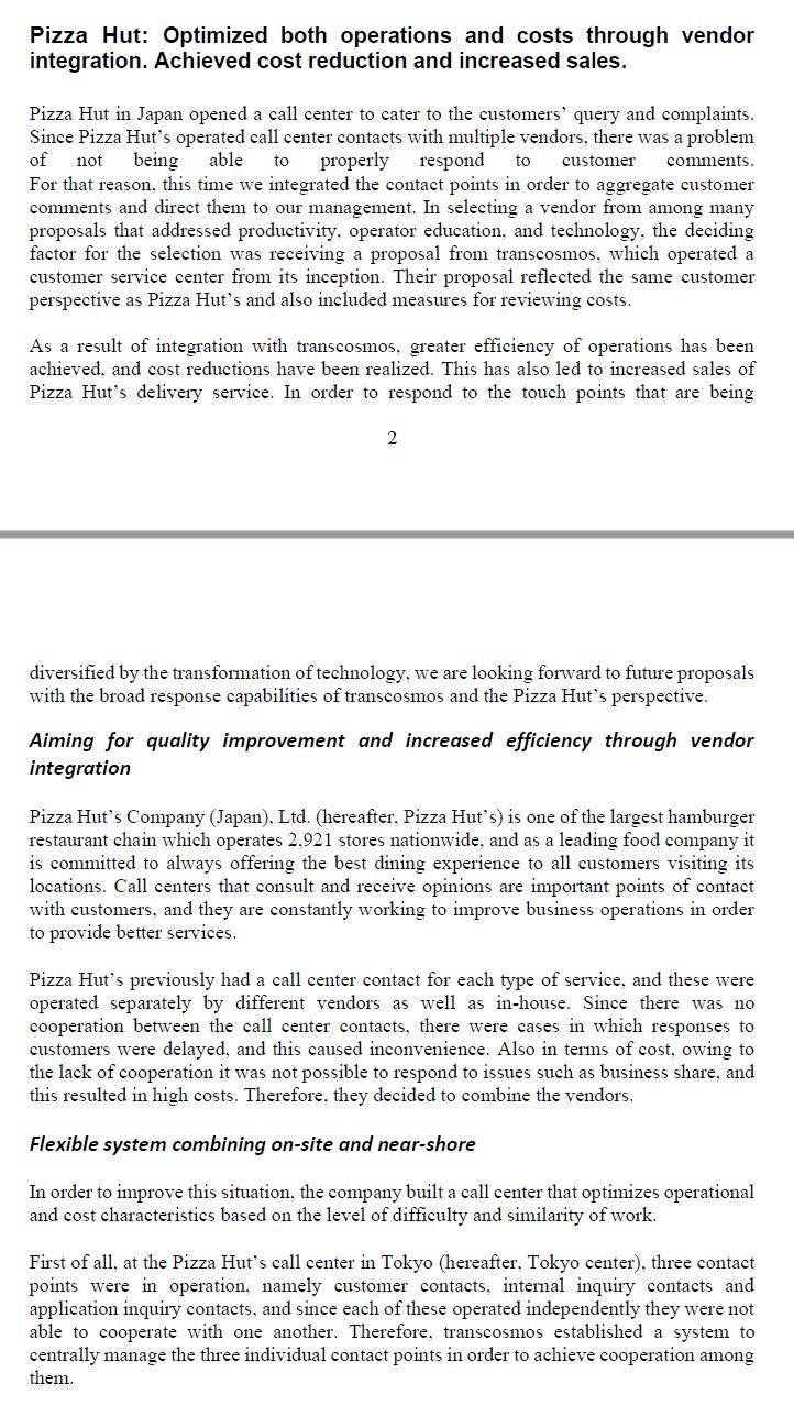 Solved Pizza Hut: Optimized both operations and costs | Chegg.com