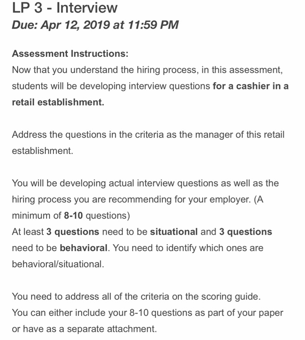 Solved LP 3 - Interview Due: Apr 12, 2019 at 11:59 PM | Chegg.com