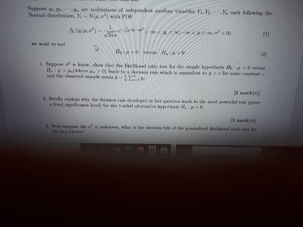 Suppose y1, 42, ..., yn are realizations of | Chegg.com