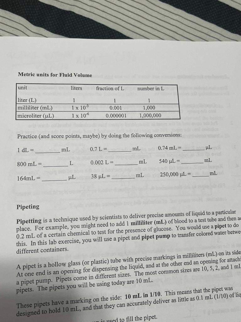 Solved Metric units for Fluid Volume Practice (and score | Chegg.com