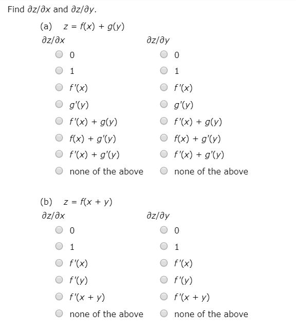 Solved Find az/ax and az/ay f(x) (a) g(y) Z az/ax 0 1 1 | Chegg.com