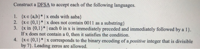 Solved Construct a DFSA to accept each of the following | Chegg.com