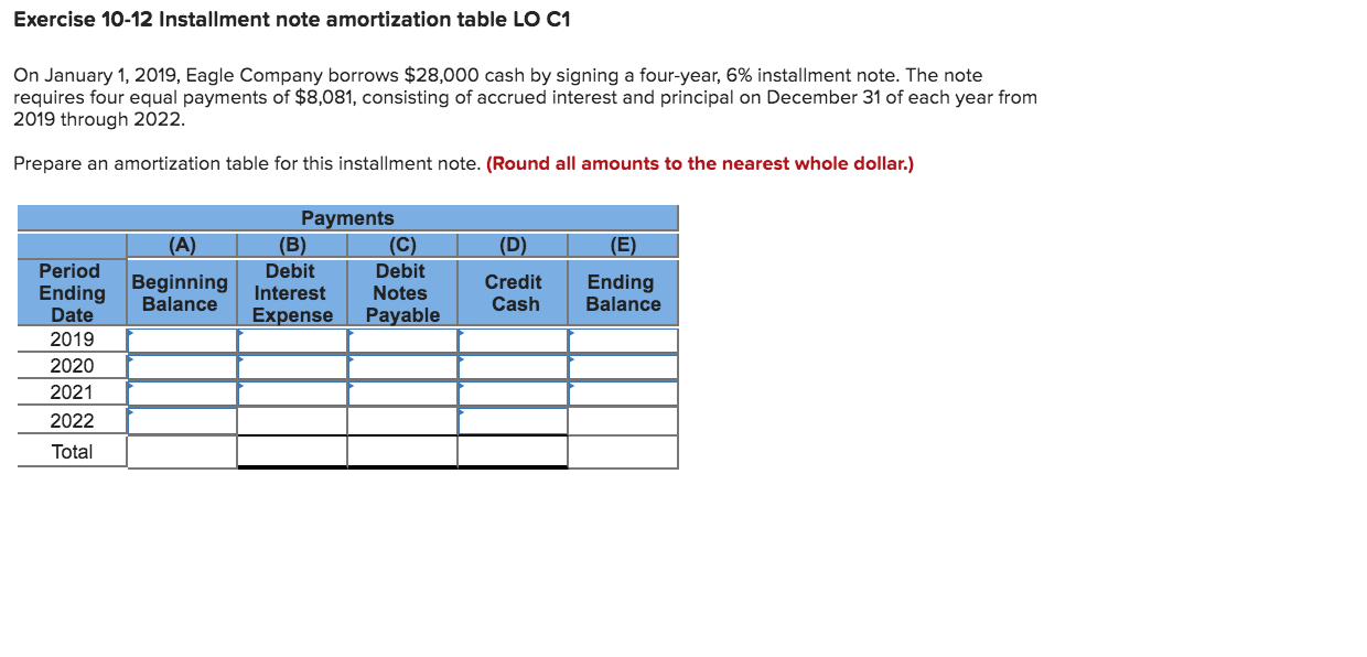 Solved Exercise 10-12 Installment note amortization table LO | Chegg.com