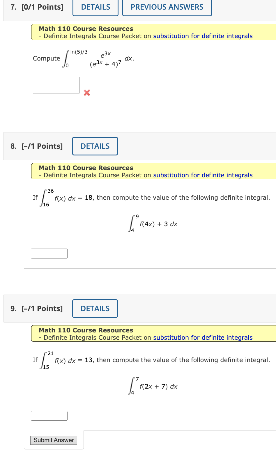 Solved Math 110 Course Resources - Definite Integrals Course | Chegg.com