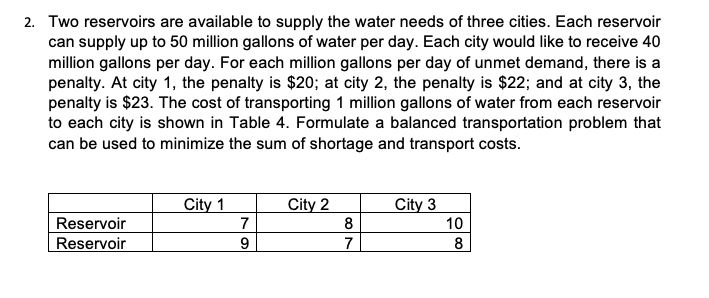 Solved 2. Two reservoirs are available to supply the water | Chegg.com