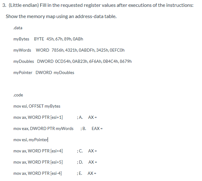 3. (Little endian) Fill in the requested register | Chegg.com