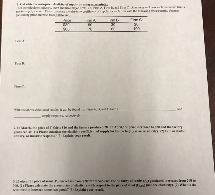 Solved 1. Calculate the own-price elasticity of supply by | Chegg.com