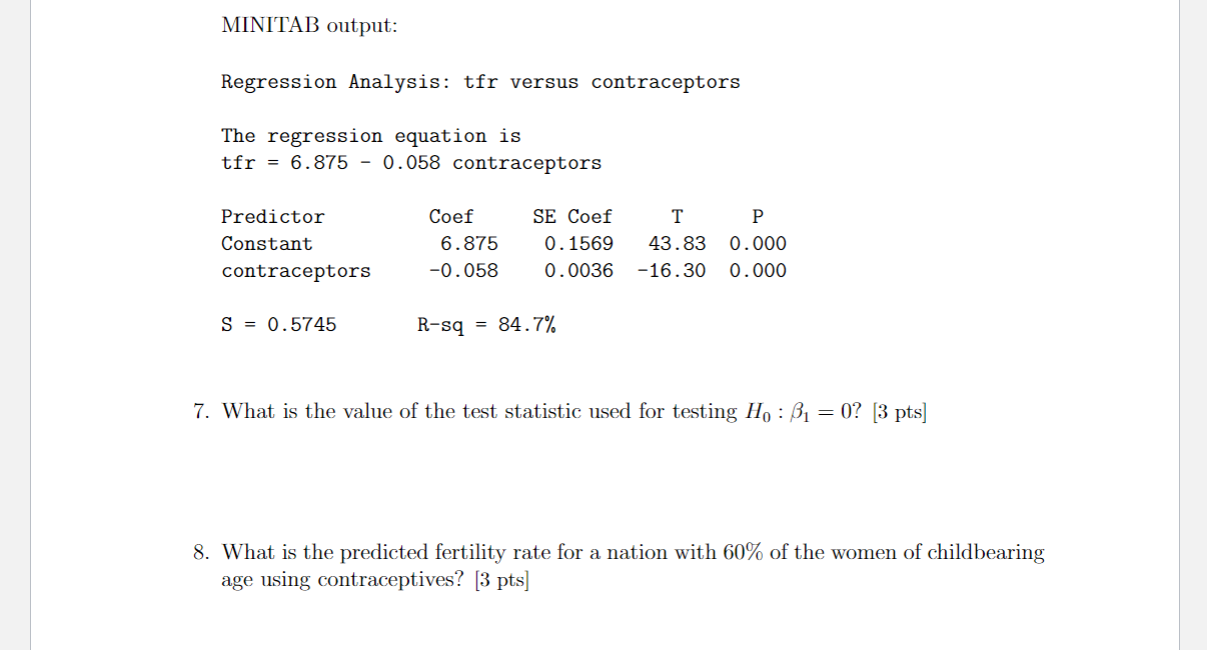 Solved MINITAB output: Regression Analysis: tfr versus | Chegg.com