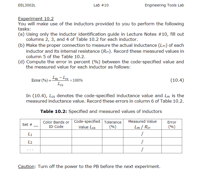 EEL3002L Lab #10 Engineering Tools Lab Experiment | Chegg.com